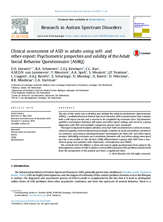 (PDF) Clinical assessment of ASD in adults using self- and other-report ...