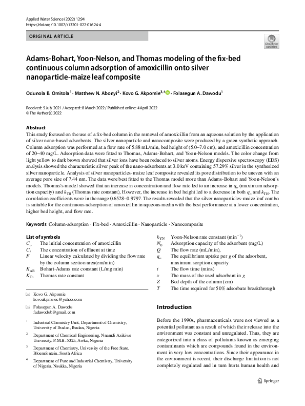 (PDF) Adams-Bohart, Yoon-Nelson, and Thomas modeling of the fix-bed ...