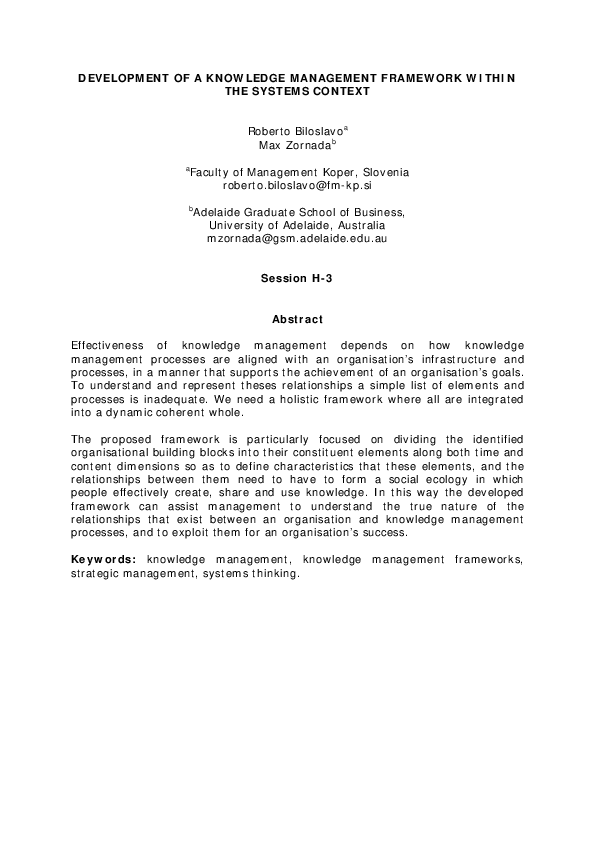 (PDF) Development of a Knowledge Management Framework Within the Systems Context