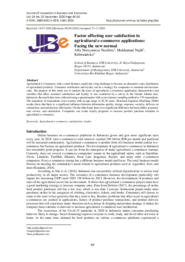Factor Affecting User Satisfaction In Agricultural E Commerce