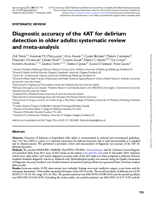 (PDF) Diagnostic accuracy of the 4AT for delirium detection in older ...
