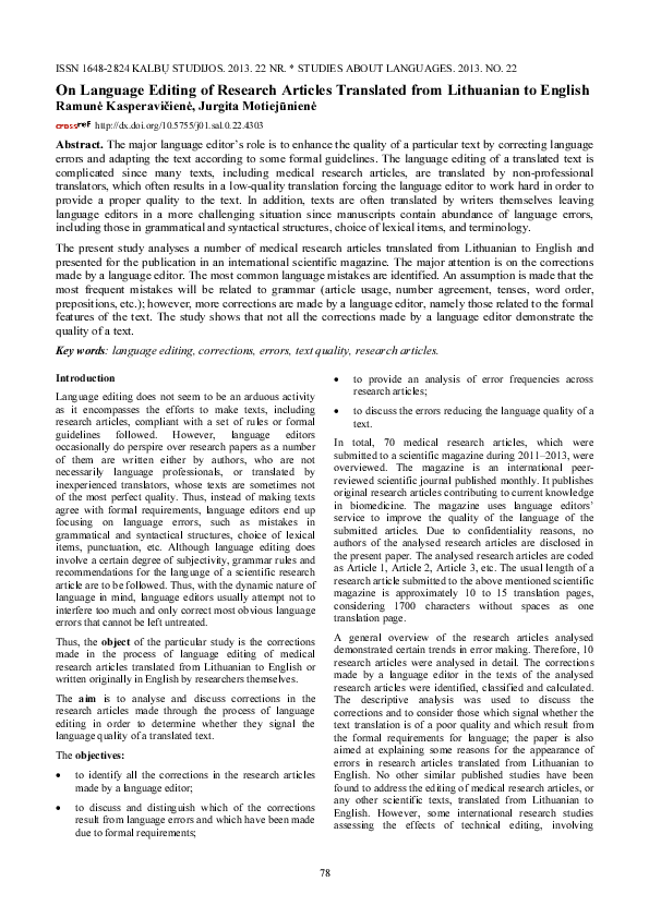 (PDF) On Language Editing of Research Articles Translated from ...