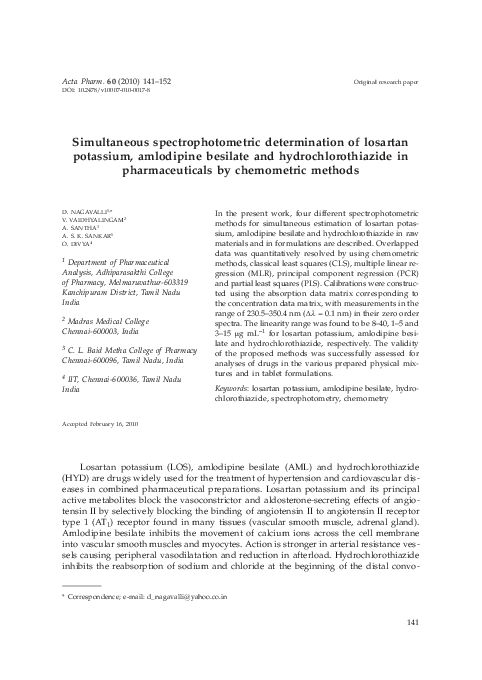 (PDF) Simultaneous spectrophotometric determination of losartan potassium, amlodipine besilate ...
