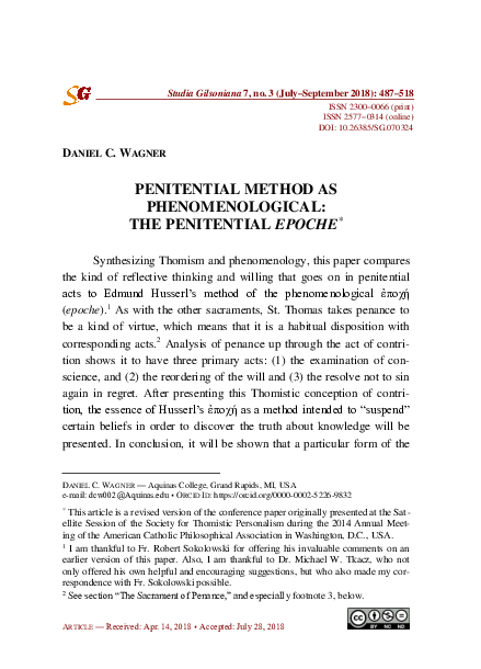 Penitential Method as Phenomenological: The Penitential Epoche