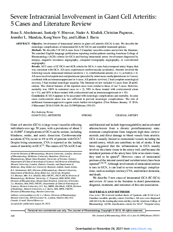 Pdf Severe Intracranial Involvement In Giant Cell Arteritis 5 Cases