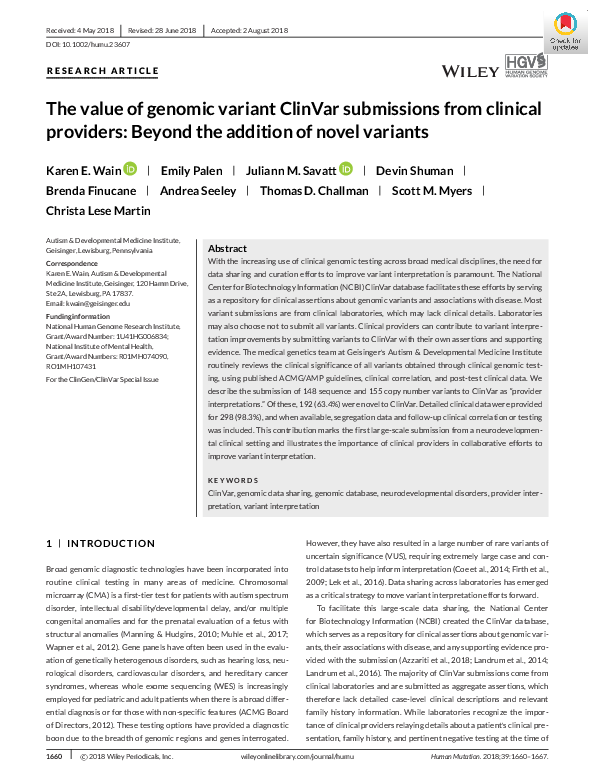(PDF) The value of genomic variant ClinVar submissions from clinical ...
