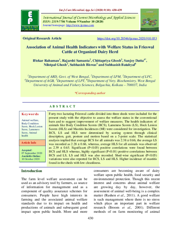 (PDF) Association of Animal Health Indicators with Welfare Status in ...