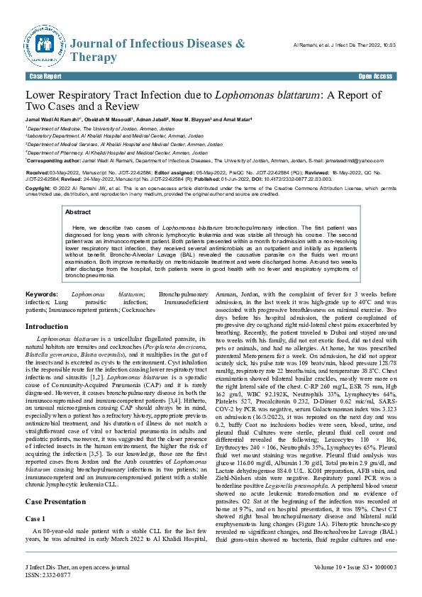 (PDF) Lower Respiratory Tract Infection due to Lophomonas blattarum: A ...