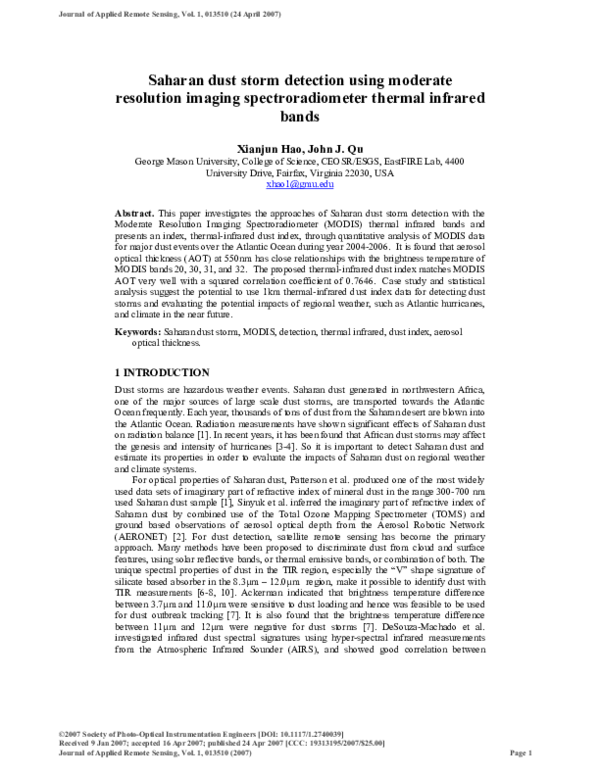 Pdf Saharan Dust Storm Detection Using Moderate Resolution Imaging Spectroradiometer Thermal