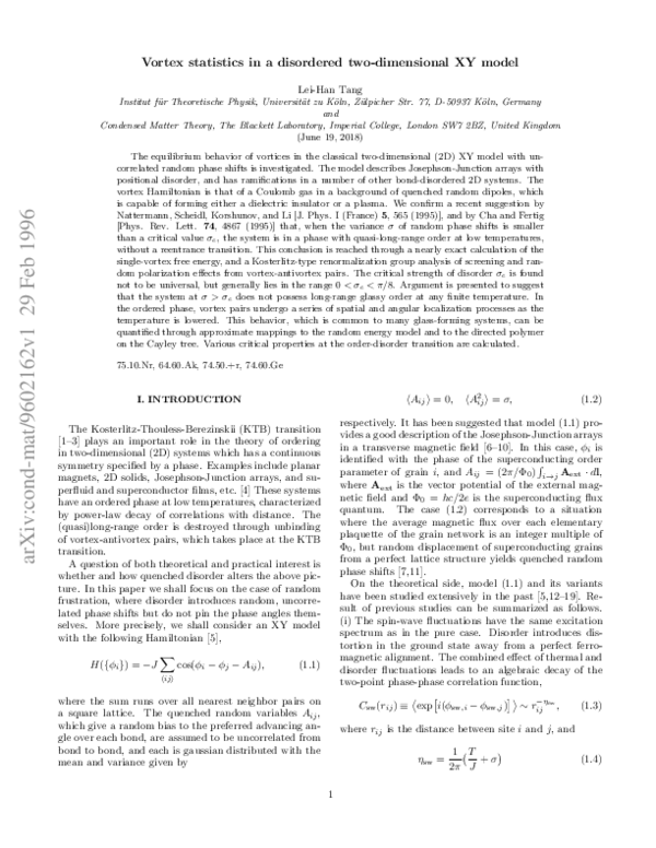 (PDF) Vortex statistics in a disordered two-dimensional XY model