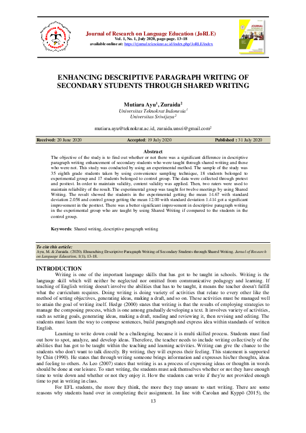 (PDF) Enhancing Descriptive Paragraph Writing of Secondary Students ...