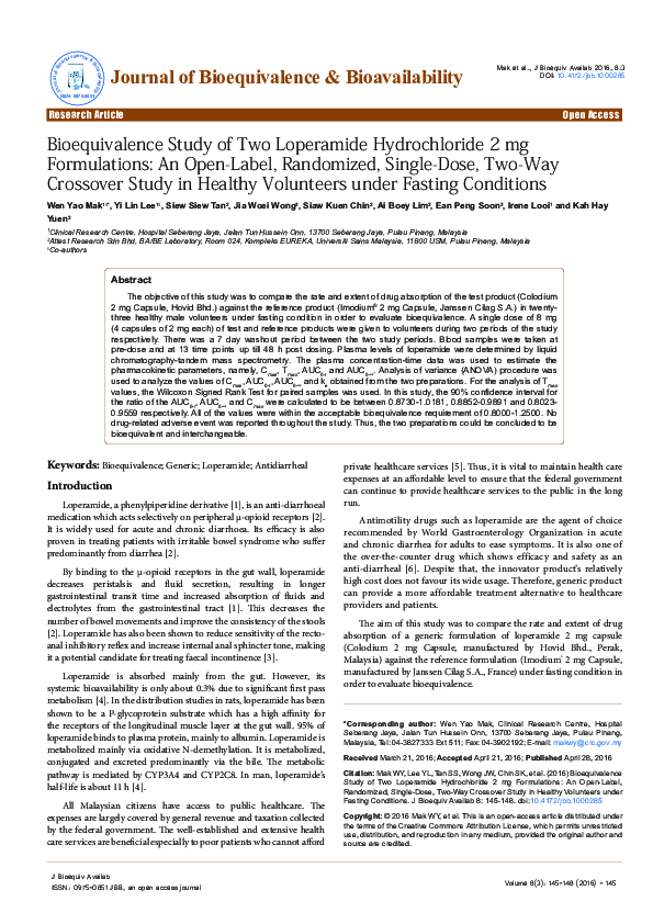 (PDF) Bioequivalence Study of Two Loperamide Hydrochloride 2 mg ...