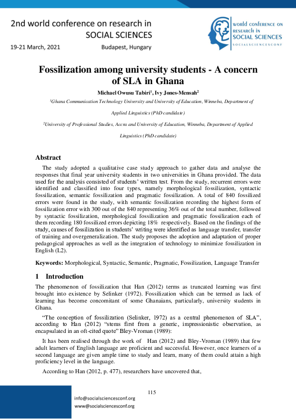 (PDF) Fossilization among university students- A concern of SLA in Ghana
