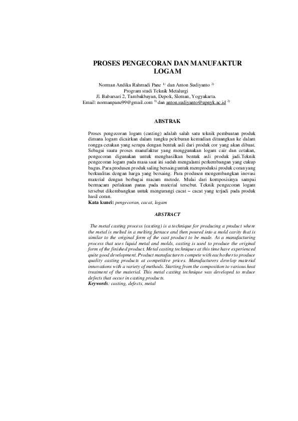(PDF) Proses Pengecoran Dan Manufaktur Logam
