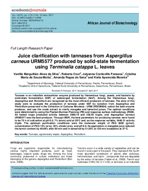 (PDF) Juice clarification with tannases from Aspergillus carneus ...