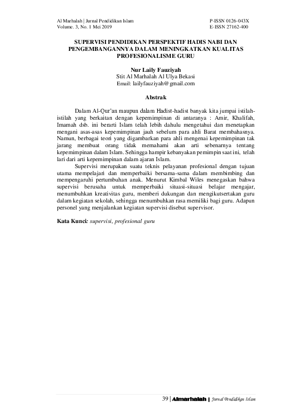 (PDF) Supervisi Pendidikan Perspektif Hadis Nabi Dan Pengembangannya Dalam Meningkatkan Jualitas ...