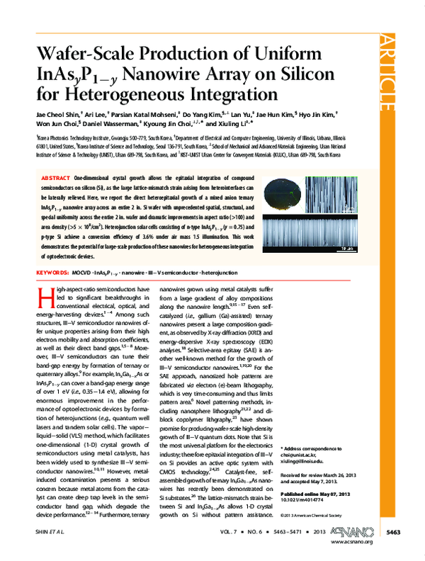 (PDF) Wafer-Scale Production of Uniform InAsyP1–y Nanowire Array on Silicon for Heterogeneous ...