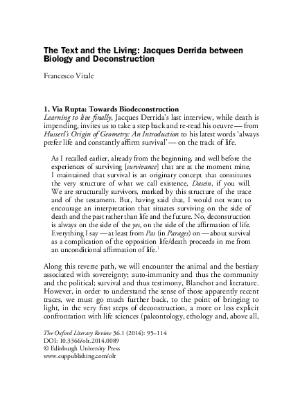 (PDF) The Text and the Living: Jacques Derrida between Biology and ...