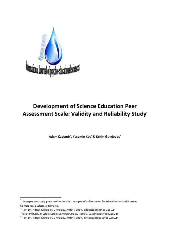 (PDF) Development of Science Education Peer Assessment Scale: Validity and Reliability Study