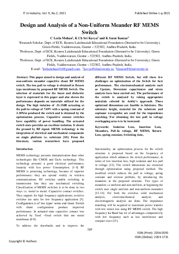 (PDF) Design and Analysis of a Non-Uniform Meander RF MEMS Switch