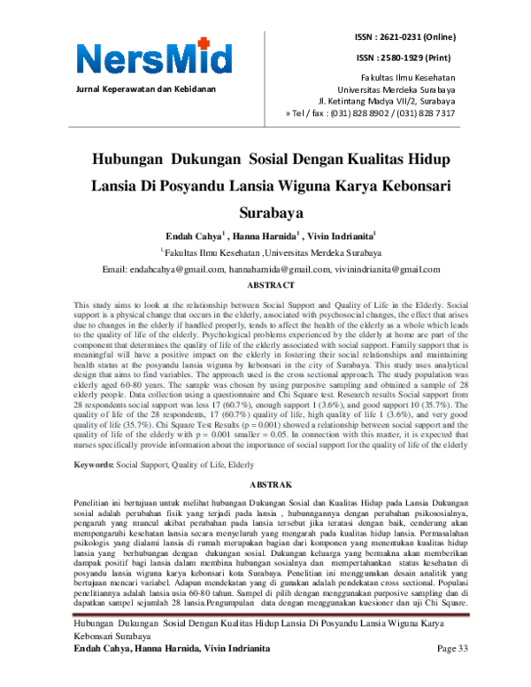 (PDF) Hubungan Dukungan Sosial Dengan Kualitas Hidup Lansia Di Posyandu Lansia Wiguna Karya ...