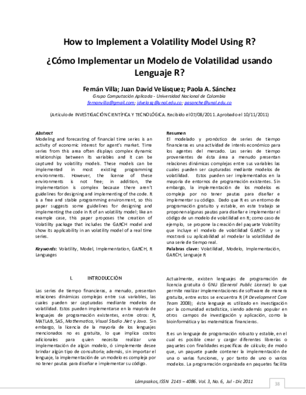 (PDF) How to Implement a Volatility Model Using R?¿ Cómo Implementar un Modelo de Volatilidad ...