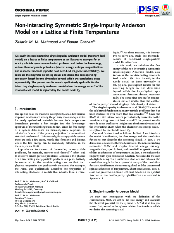 (PDF) Non-interacting Symmetric Single-Impurity Anderson Model on a ...
