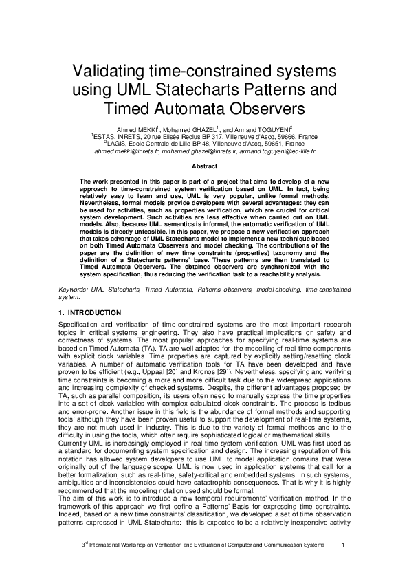 Pdf Validating Time Constrained Systems Using Uml Statecharts