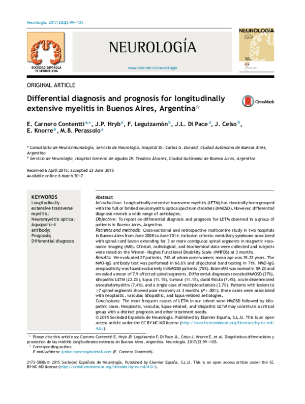 (PDF) Diagnósticos diferenciales y pronóstico de las mielitis ...
