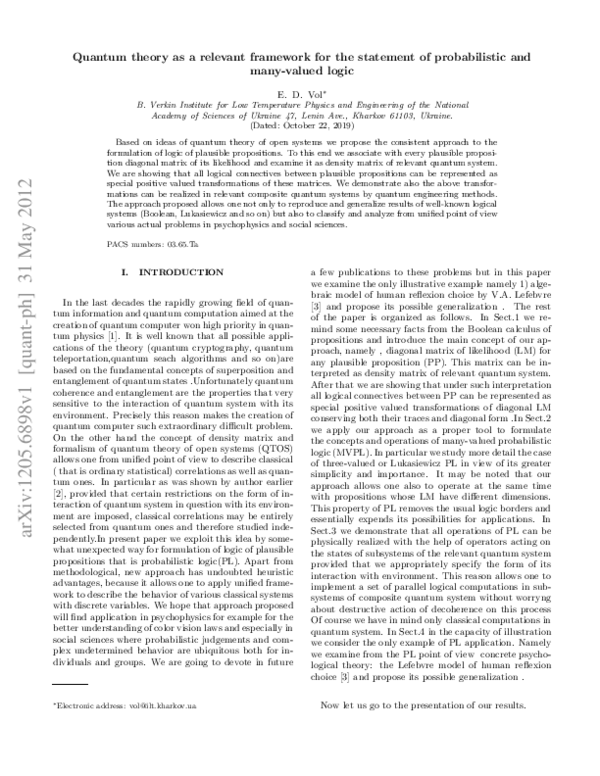 (PDF) Quantum Theory as a Relevant Framework for the Statement of Probabilistic and Many-Valued ...