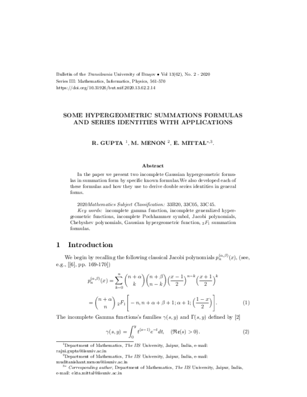 Pdf Some Hypergeometric Summations Formulas And Series Identities With Applications