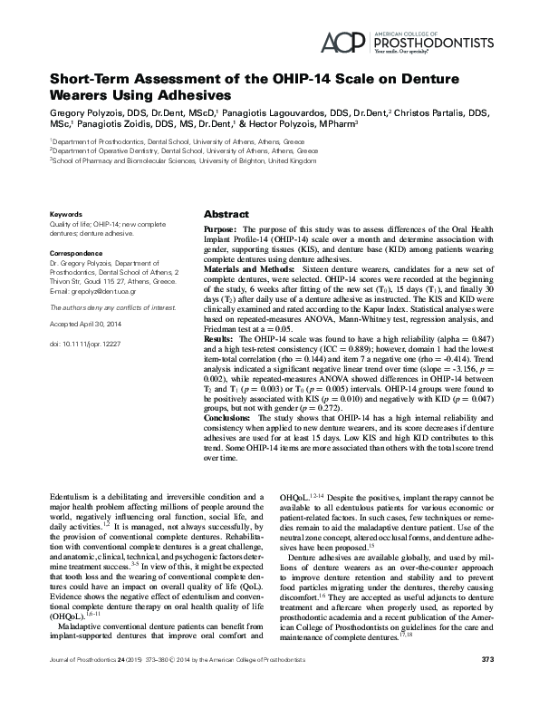 (PDF) Short-Term Assessment of the OHIP-14 Scale on Denture Wearers ...