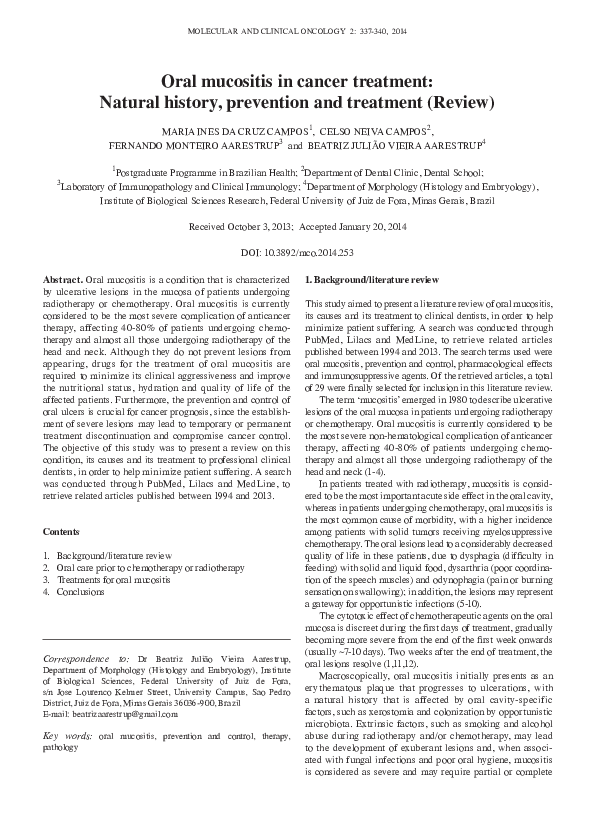 (PDF) Oral mucositis in cancer treatment: Natural history, prevention and treatment