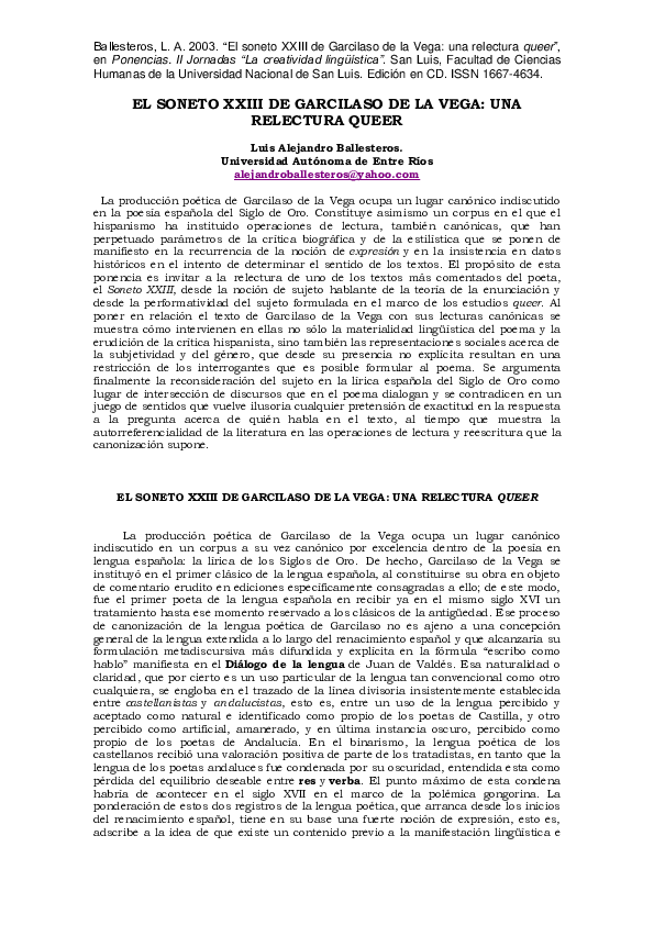 (PDF) EL SONETO XXIII DE GARCILASO DE LA VEGA: UNA RELECTURA QUEER ...