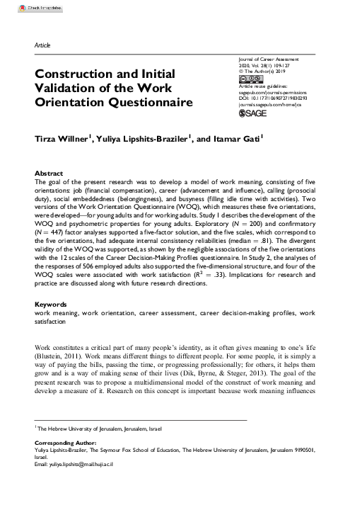 (PDF) Construction and Initial Validation of the Work Orientation Questionnaire
