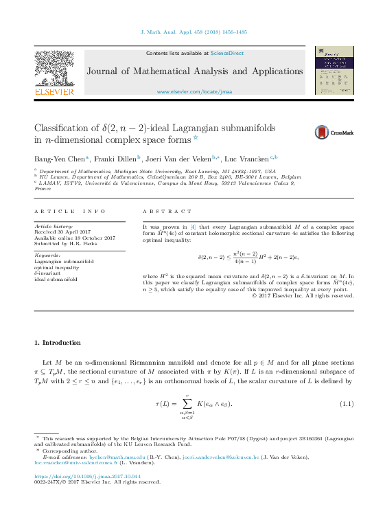 (PDF) Classification of δ(2, n − 2)-ideal Lagrangian submanifolds in n ...