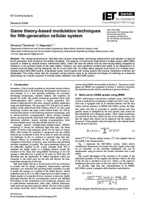 (PDF) Game Theory Based Modulation Techniquesfor 5G Cellular System