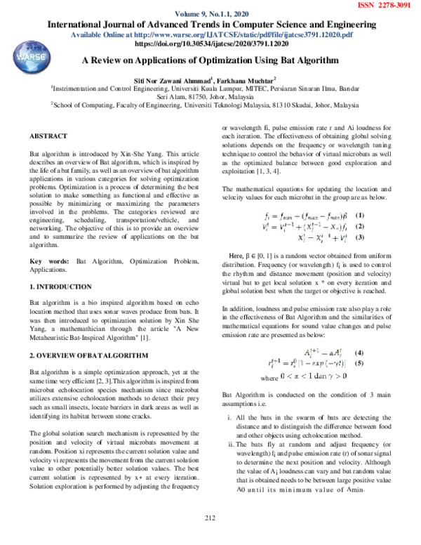 Pdf A Review On Applications Of Optimization Using Bat Algorithm