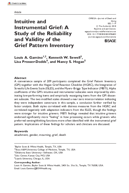 (PDF) Intuitive and Instrumental Grief: A Study of the Reliability and ...