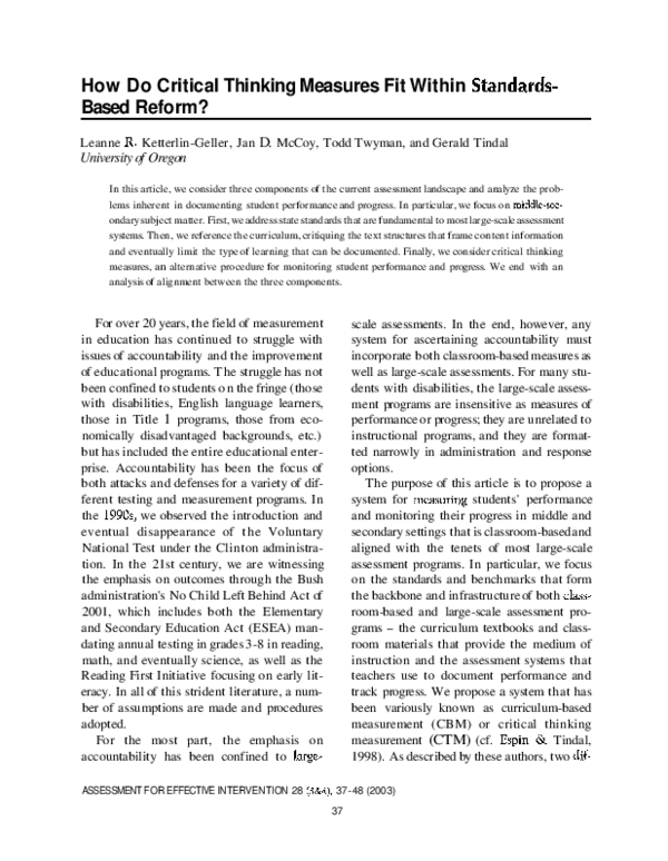 (PDF) How Do Critical Thinking Measures Fit Within Standards-Based Reform?