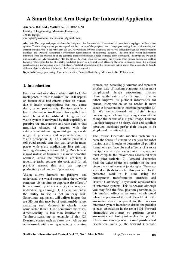 (PDF) A Smart Robot Arm Design for Industrial Application