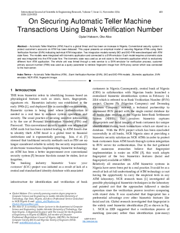 Pdf On Securing Automatic Teller Machine Transactions Using Bank Verification Number Ojulari