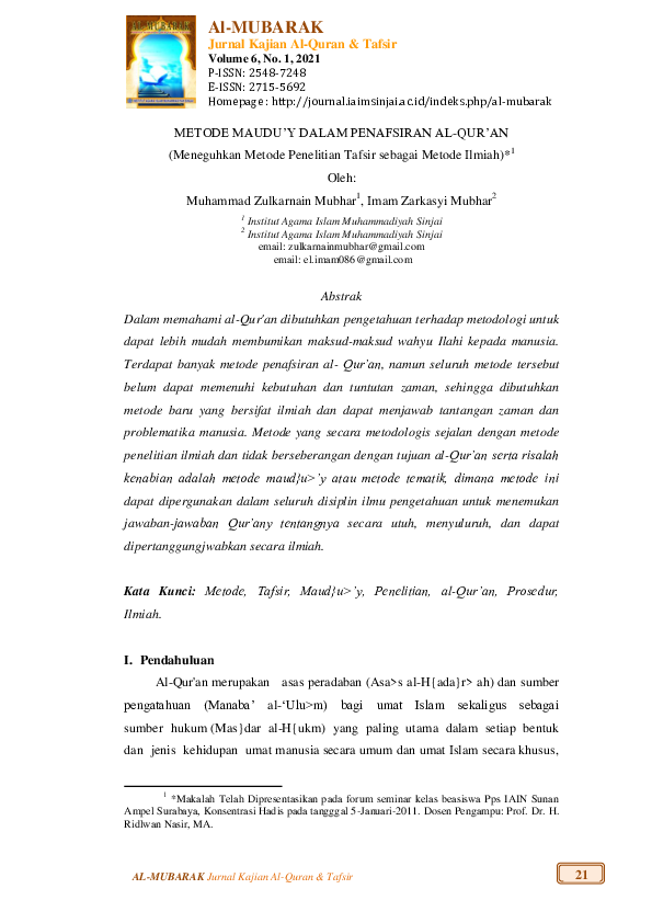 (PDF) METODE MAUDU’Y DALAM PENAFSIRAN AL-QUR’AN (Meneguhkan Metode Penelitian Tafsir sebagai ...