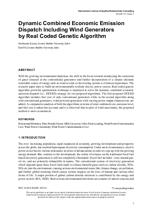 Pdf Dynamic Combined Economic Emission Dispatch Including Wind Generators By Real Coded