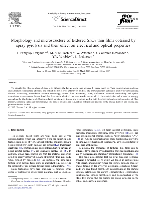 (PDF) Morphology and microstructure of textured SnO2 thin films obtained by spray pyrolysis and ...