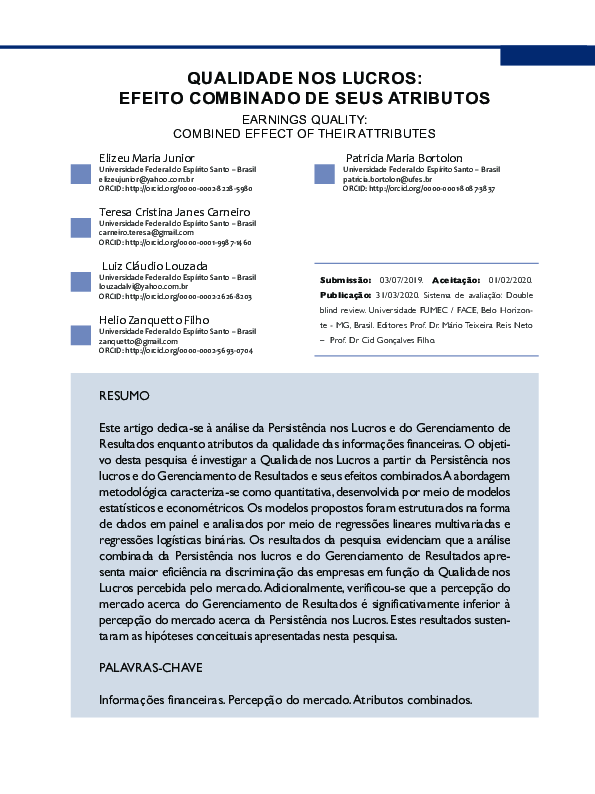 (PDF) Qualidade Nos Lucros: Efeito Combinado De Seus Atributos