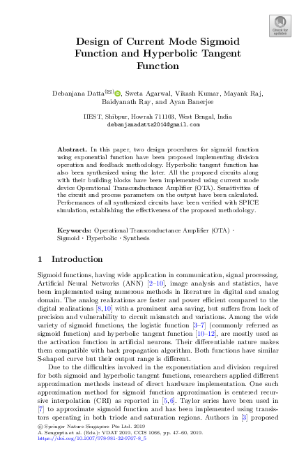 Pdf Design Of Current Mode Sigmoid Function And Hyperbolic Tangent