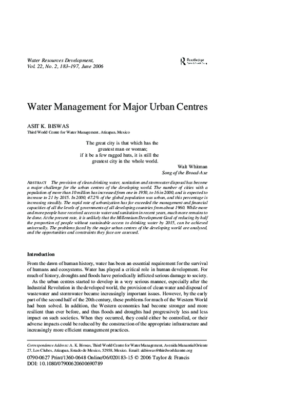 Pdf Water Management For Major Urban Centres Prof Asit K Biswas
