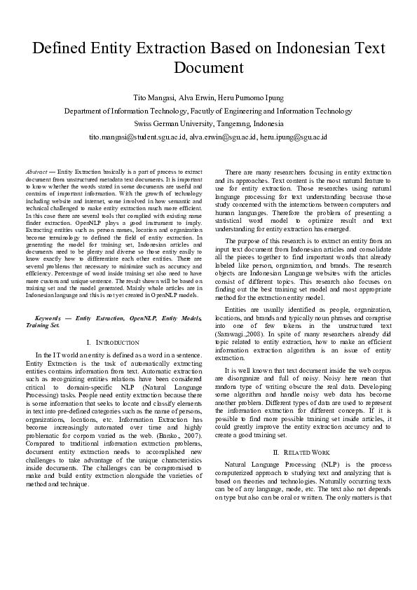 (PDF) Defined entity extraction based on Indonesian text document