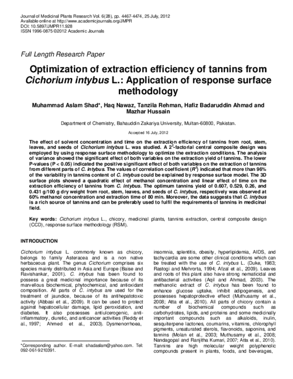 (PDF) Optimization of extraction efficiency of tannins from Cichorium intybus L.: Application of ...